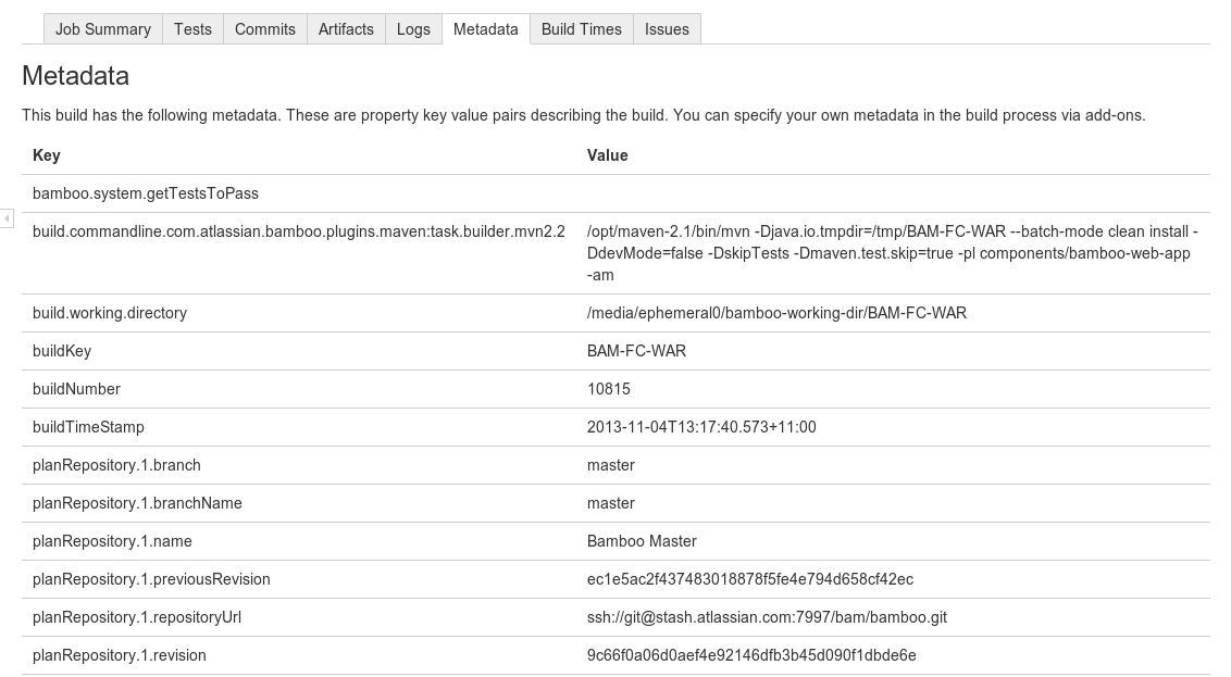 Viewing the metadata for a build result - Atlassian Documentation