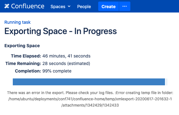 XML Export Of A Confluence Space Fails With Error Creating Temp File In Folder Confluence 