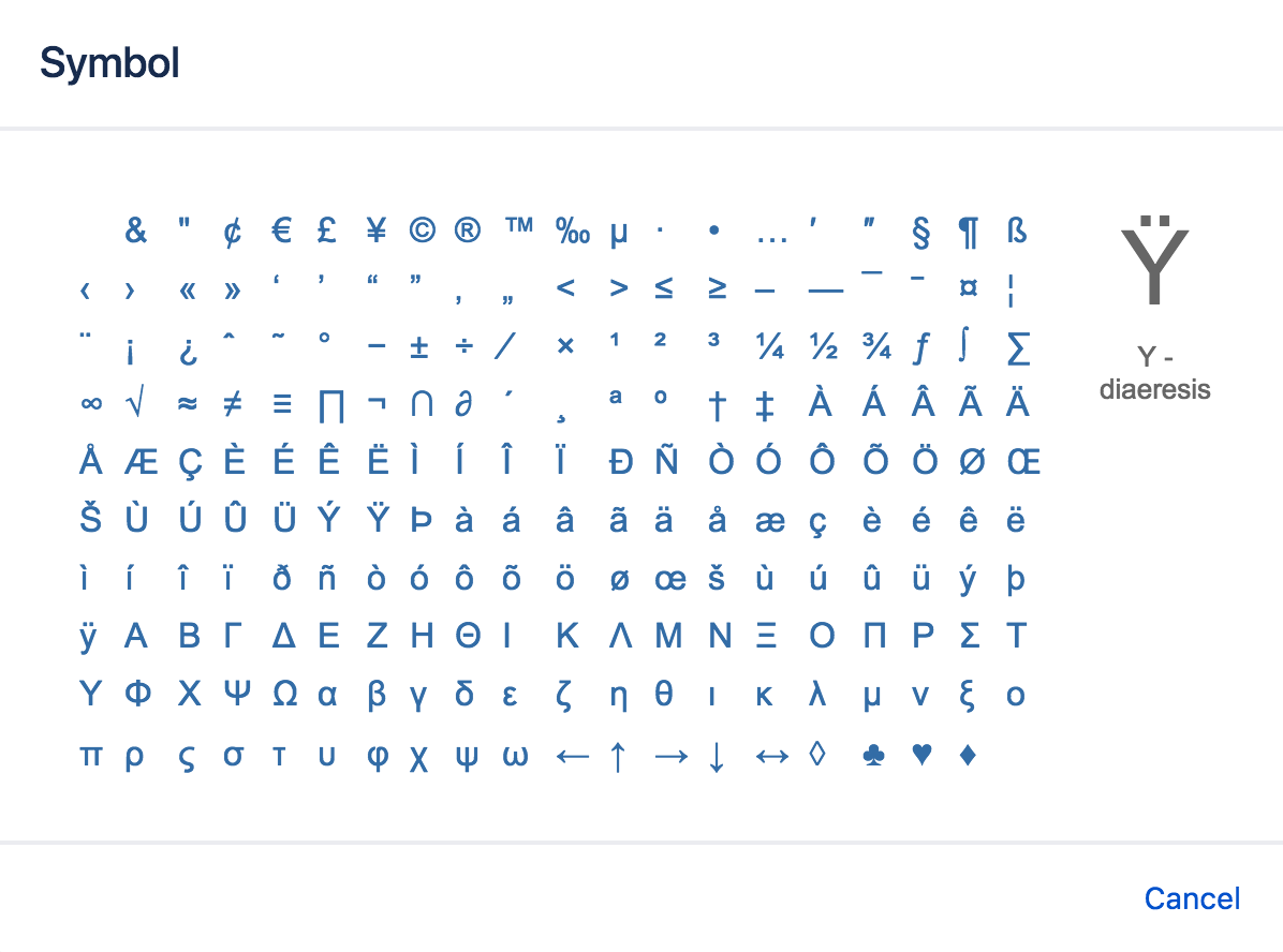 Symbols, Emoticons and Special Characters | Confluence Data Center and Server 7.20 | Atlassian Documentation