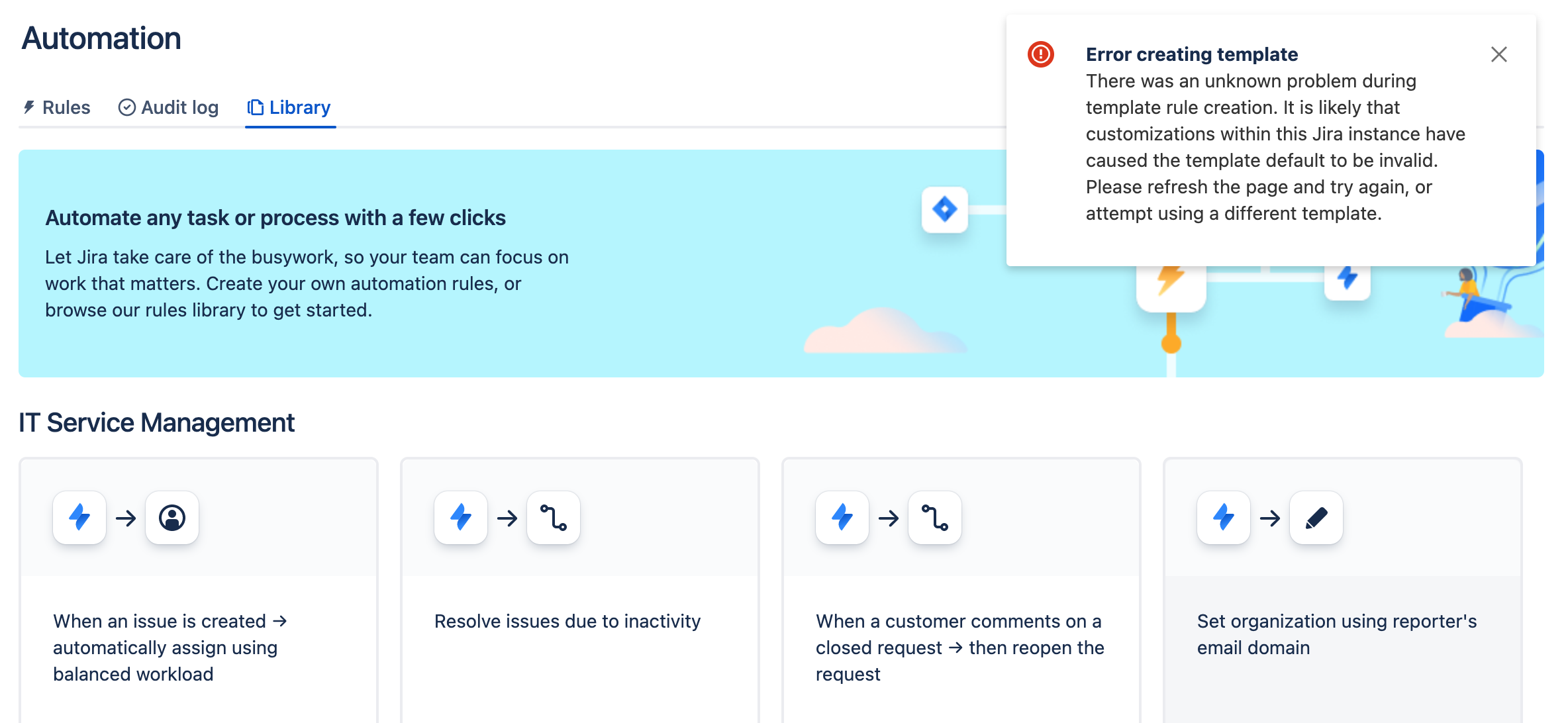 Selecting An Automation Template From The Library Results In An Error