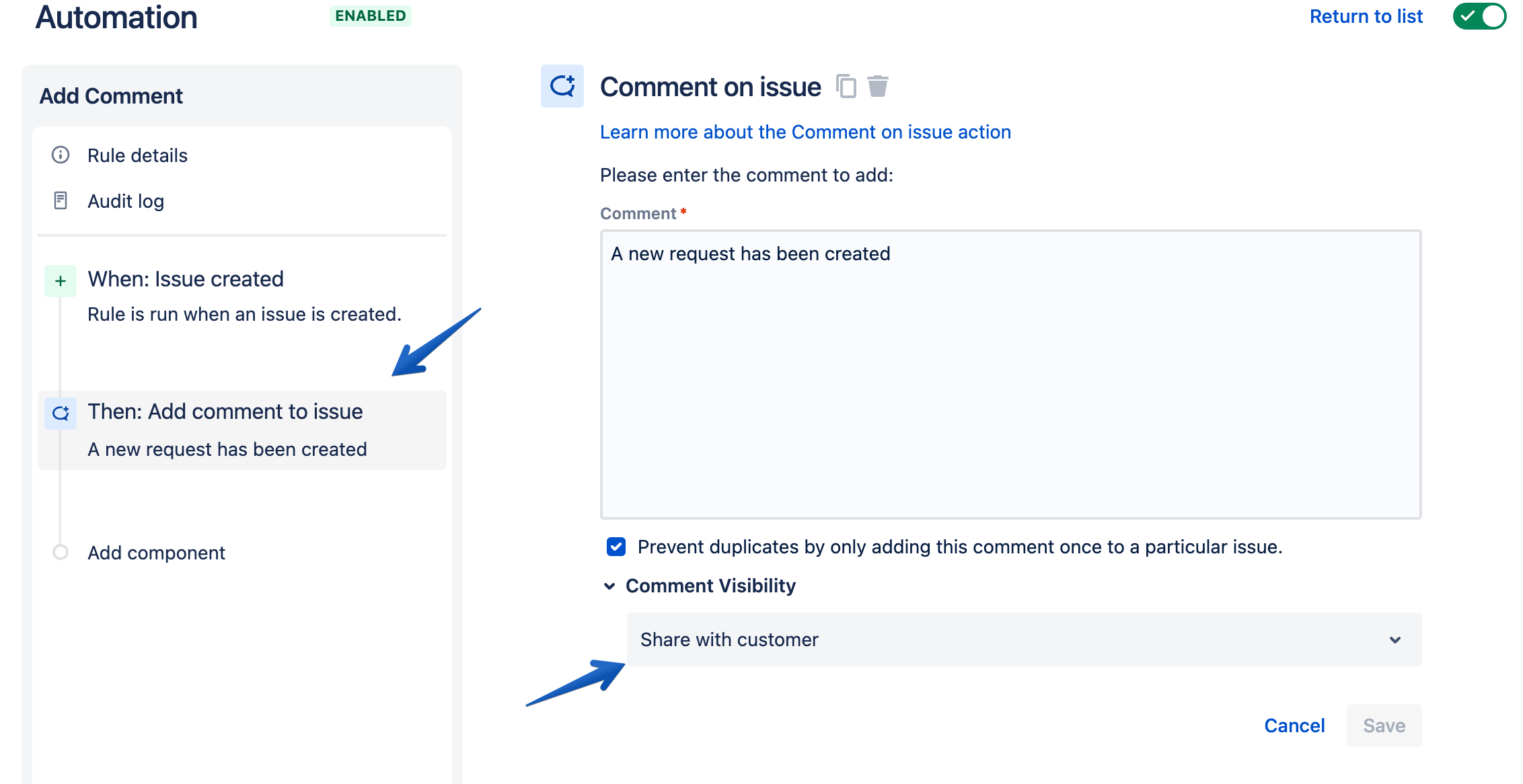 Automation rule posts private comments instead of public comments | Jira | Atlassian Documentation