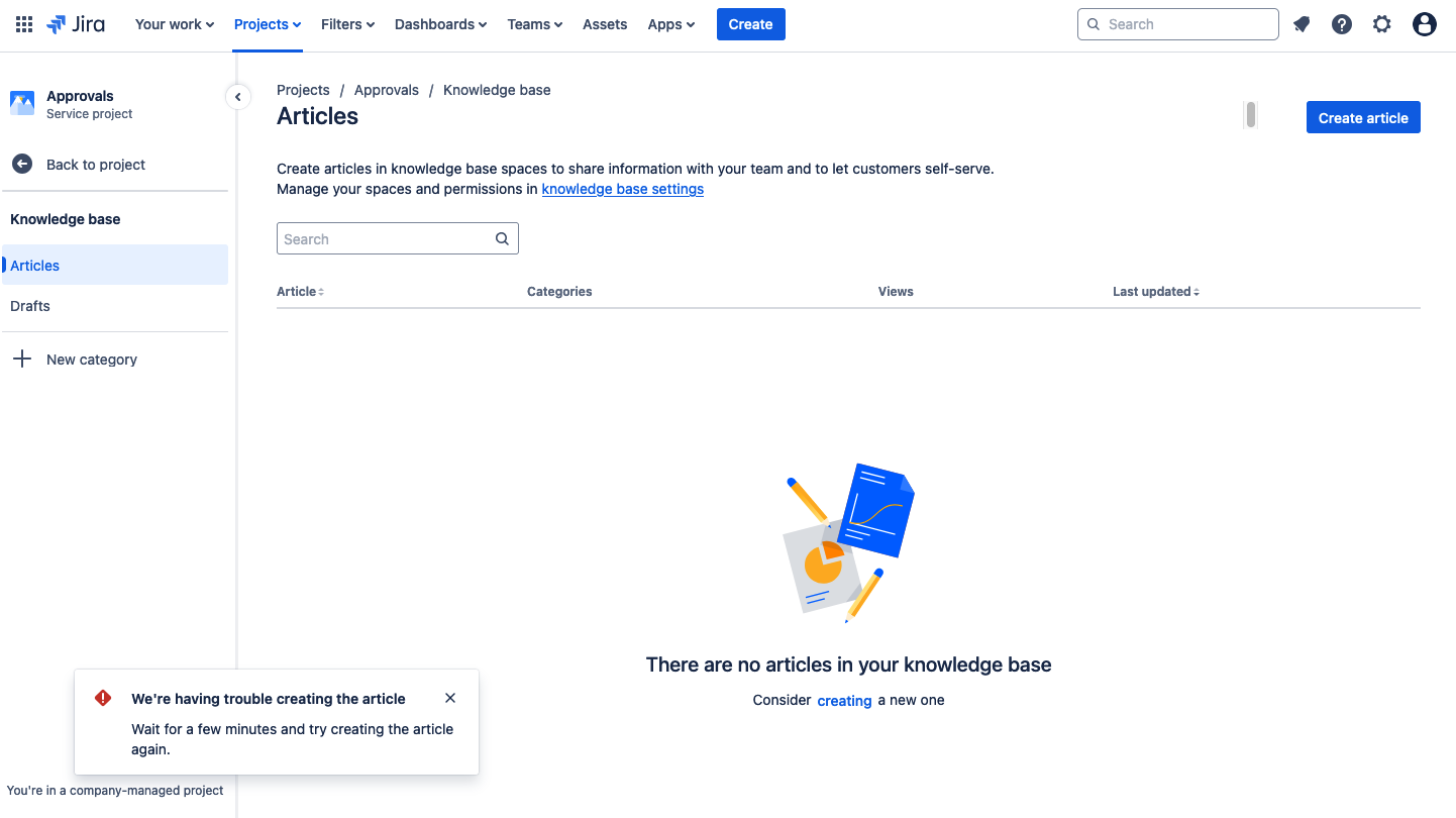 Fix Were Having Trouble Creating The Article In Jira Service Management Cloud Jira