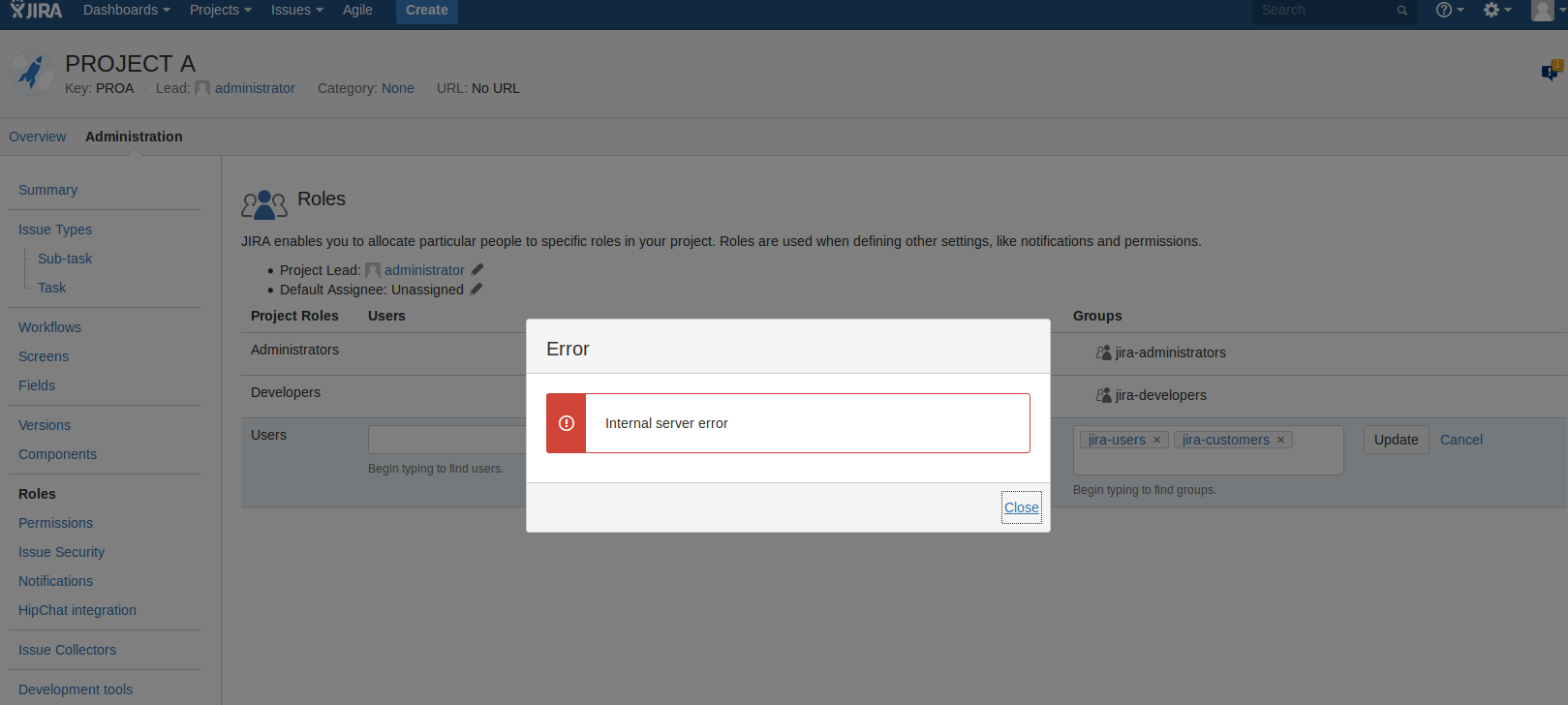 JIRA Throws Internal Server Error When Trying To Add Users groups To 